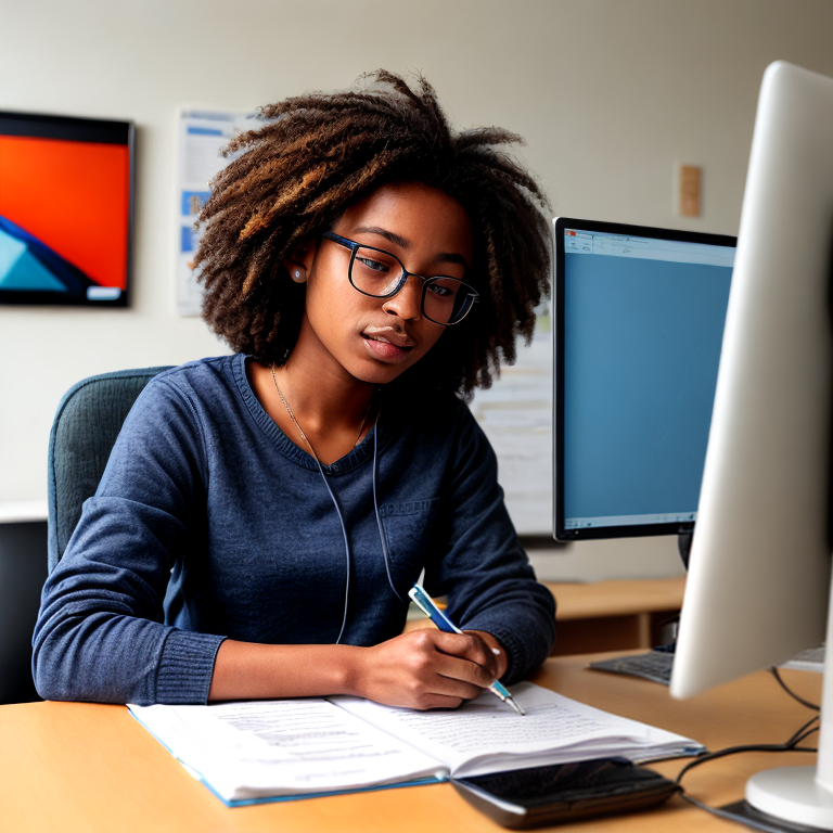 a student in front of a computer taking a test with thought bubble overhead