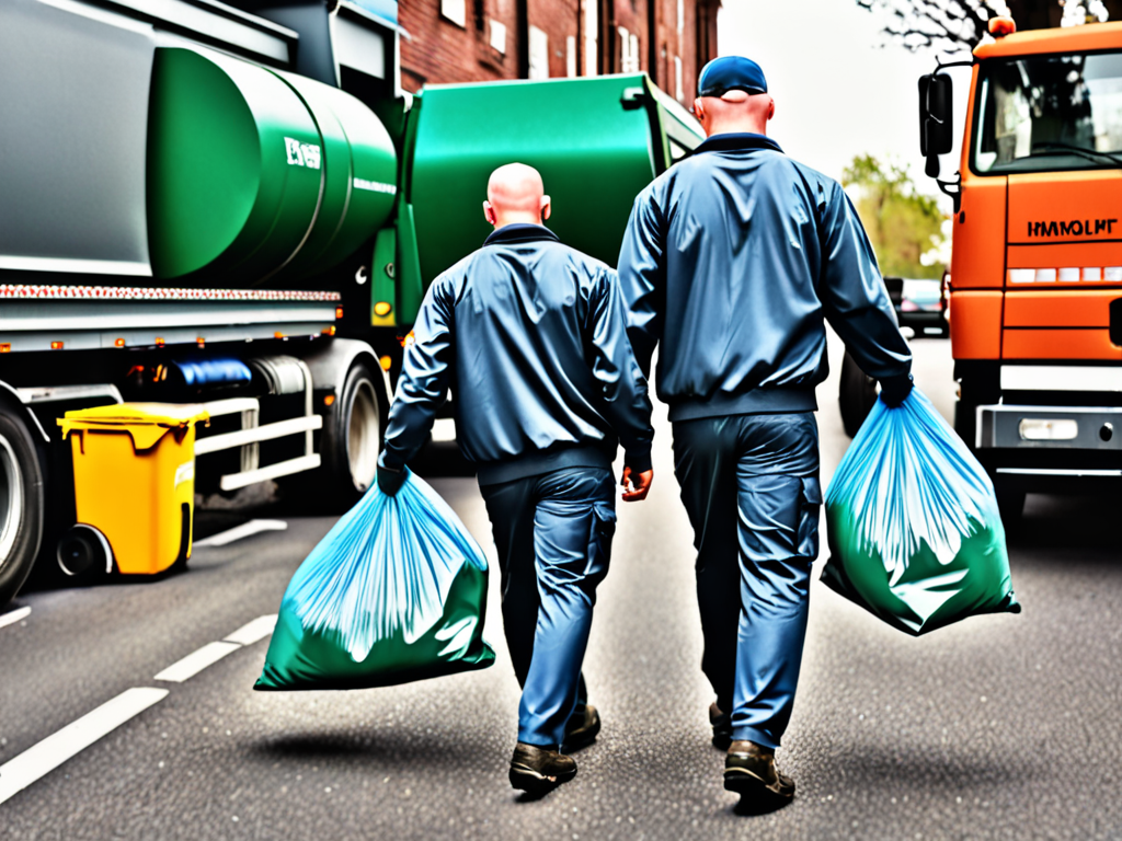 realistic handsome bald muscular garbagemen from behind carrying ...