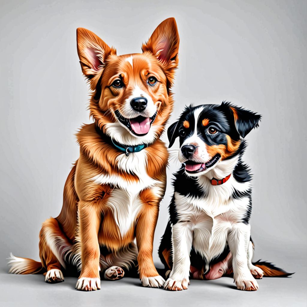 happy cute, 2 dogs, playing, white background, realistic graphic design