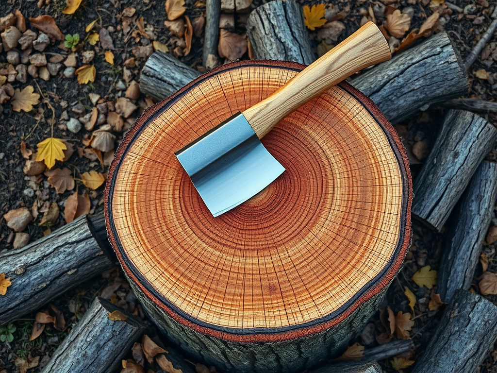 Shiny Axe Resting on a Beautifully Cut Tree Stump in Nature