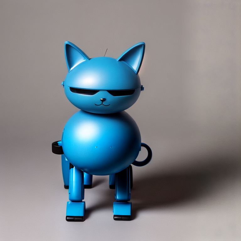 a cat robot of blue color with round head standing on 2 legs