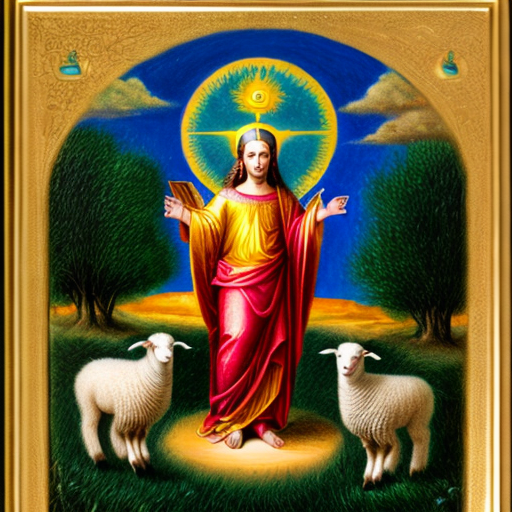 the holy lamb with golden aura saving the humnas from devil