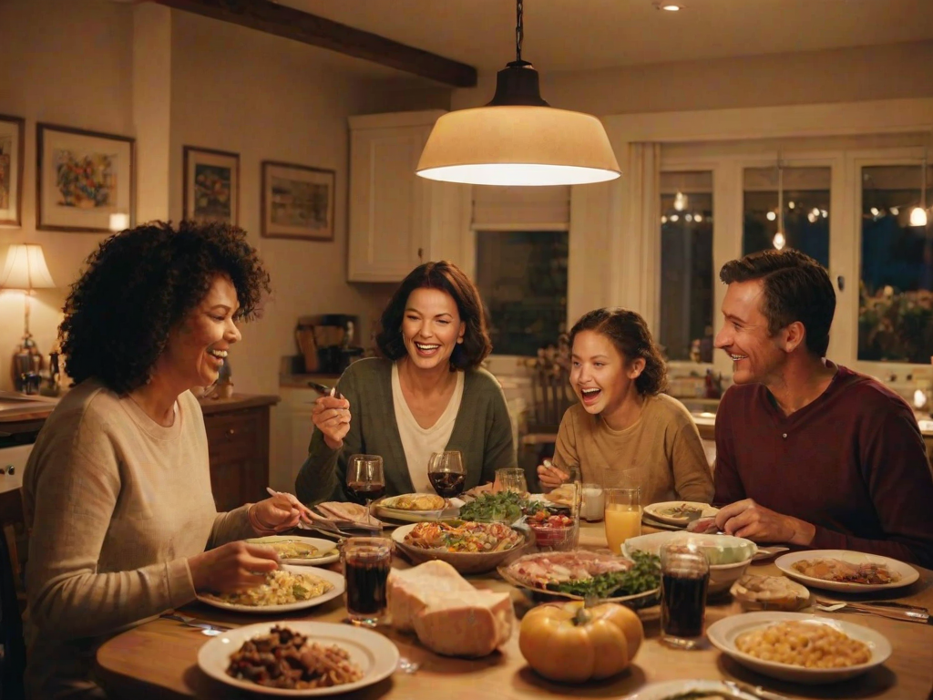 Joyful Family Dinner with Laughter and Delicious Food Around the Table