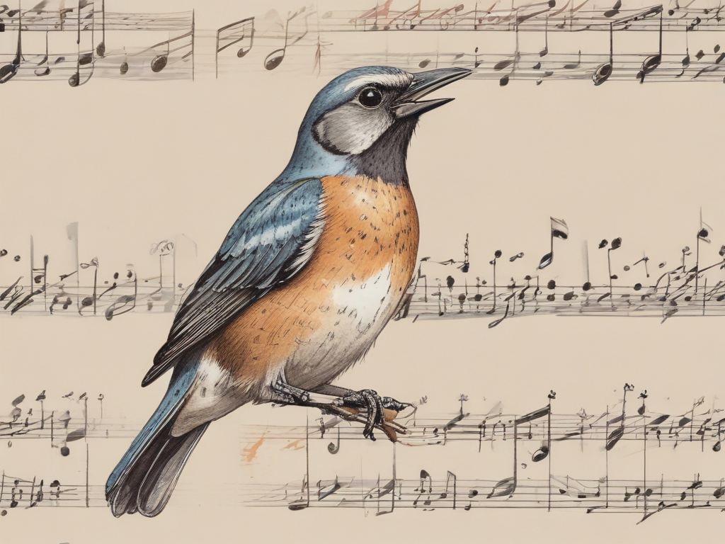 hand drawn bird singing with radio style microhpone and musical notes ...