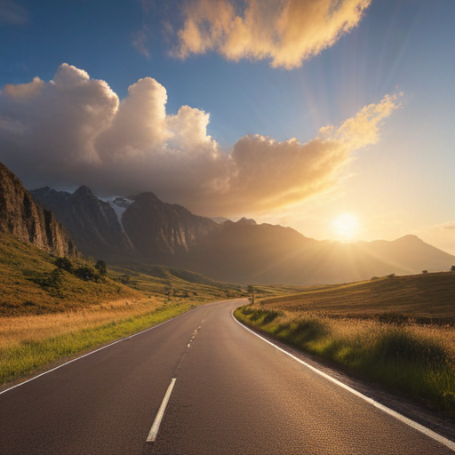 Scenic Sunrise Over Serene Road with Majestic Mountains in Background