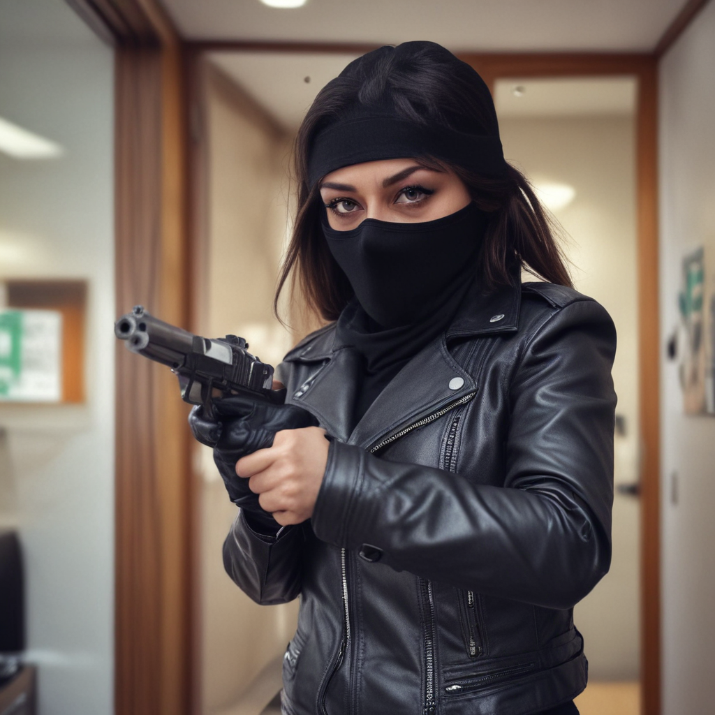female robber, black leather jacket, black leather gloves, black ...
