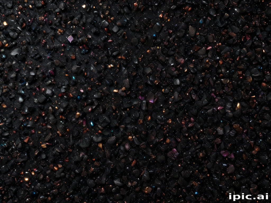 Close-Up View of Dark Granular Material with Colorful Sparkling Crystals