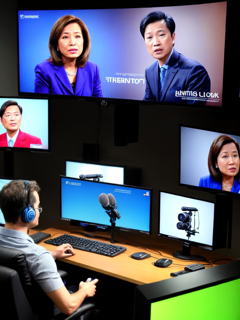 News desk with a microphone on it. Large monitor begind the desk saying ...