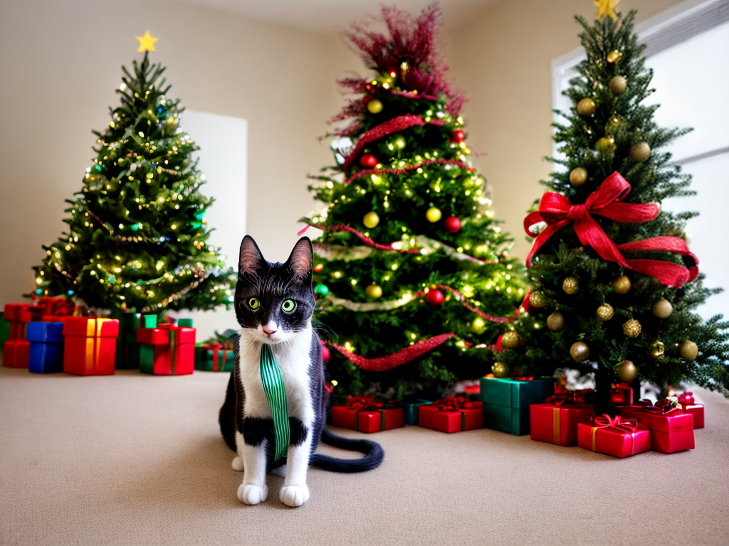 Cat tangled in ribbons In front of a Christmas tree