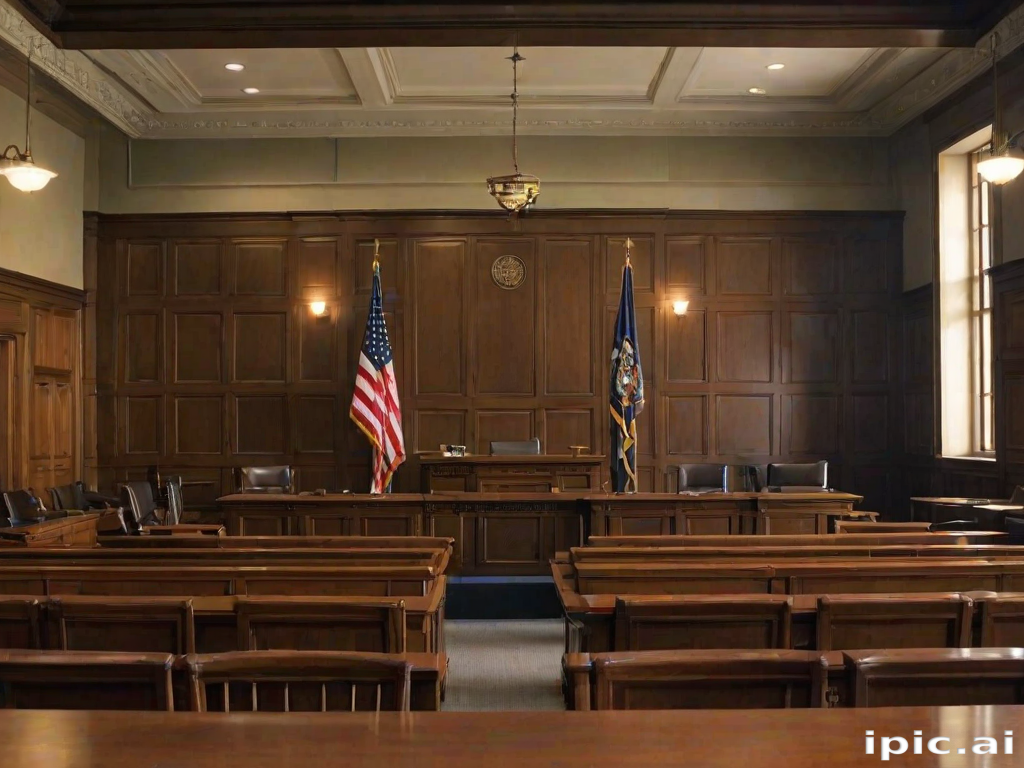 Historic Courtroom Interior Featuring American Flags and Wooden Decor ...
