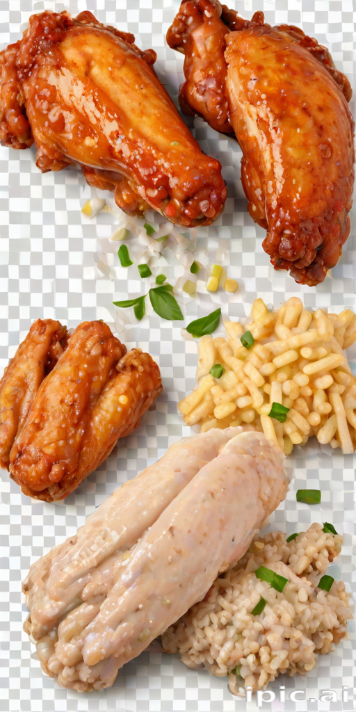 Delicious Assortment of Sauced Chicken Wings and Savory Side Dishes.