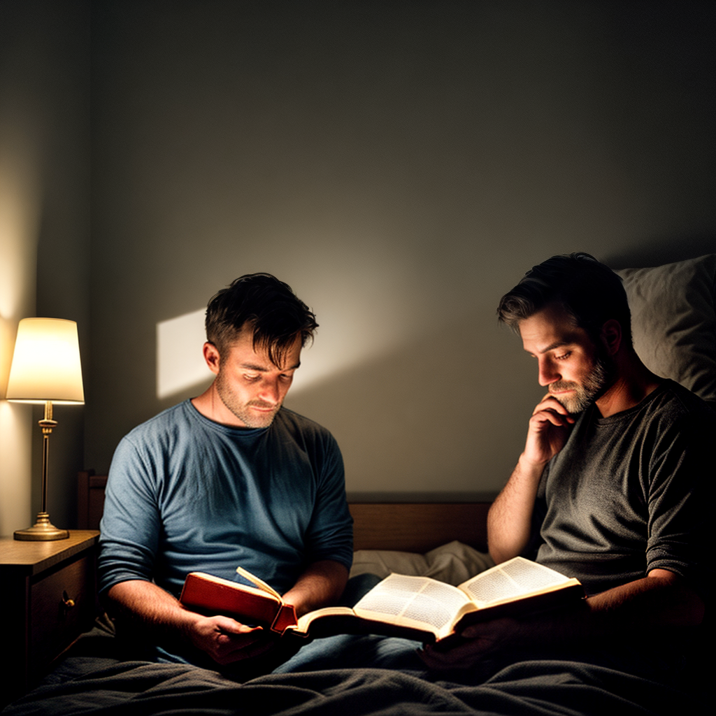 man reading the bible and being enlightened by it in a dark room on a bed