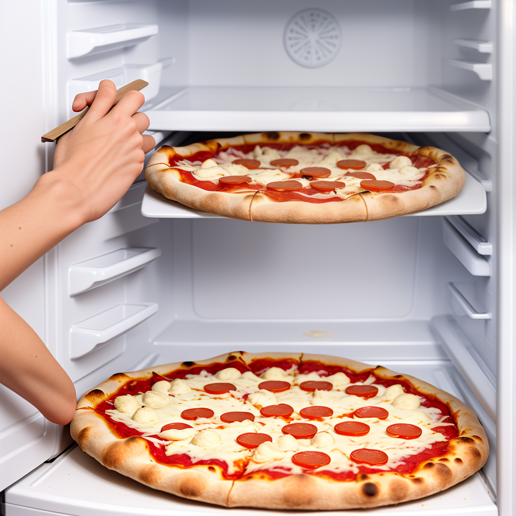Delicious Homemade Pizza Ready for Enjoyment Inside a Modern Refrigerator