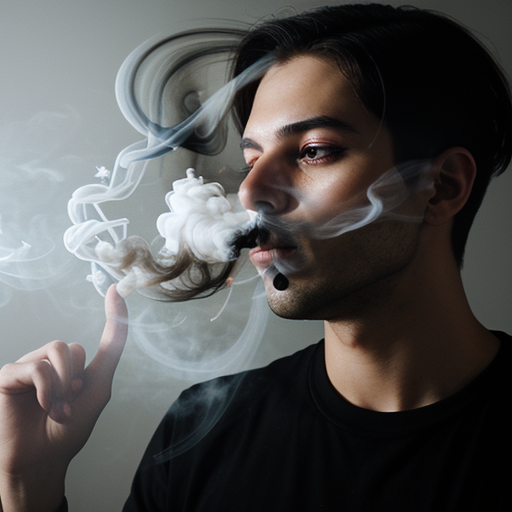 Contemplative Man Playfully Breathing Out Intricate Swirls of Smoke
