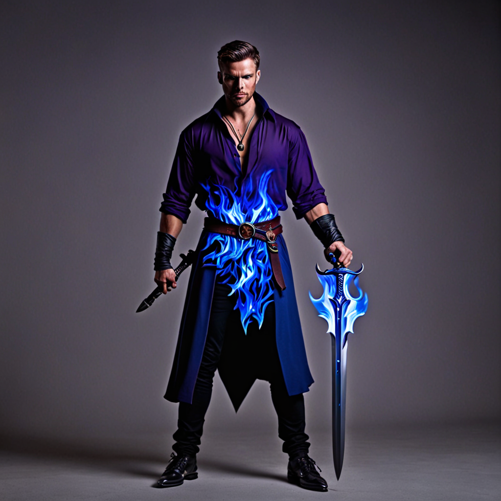 powerful guy with a dagger and blue-purple flames around him