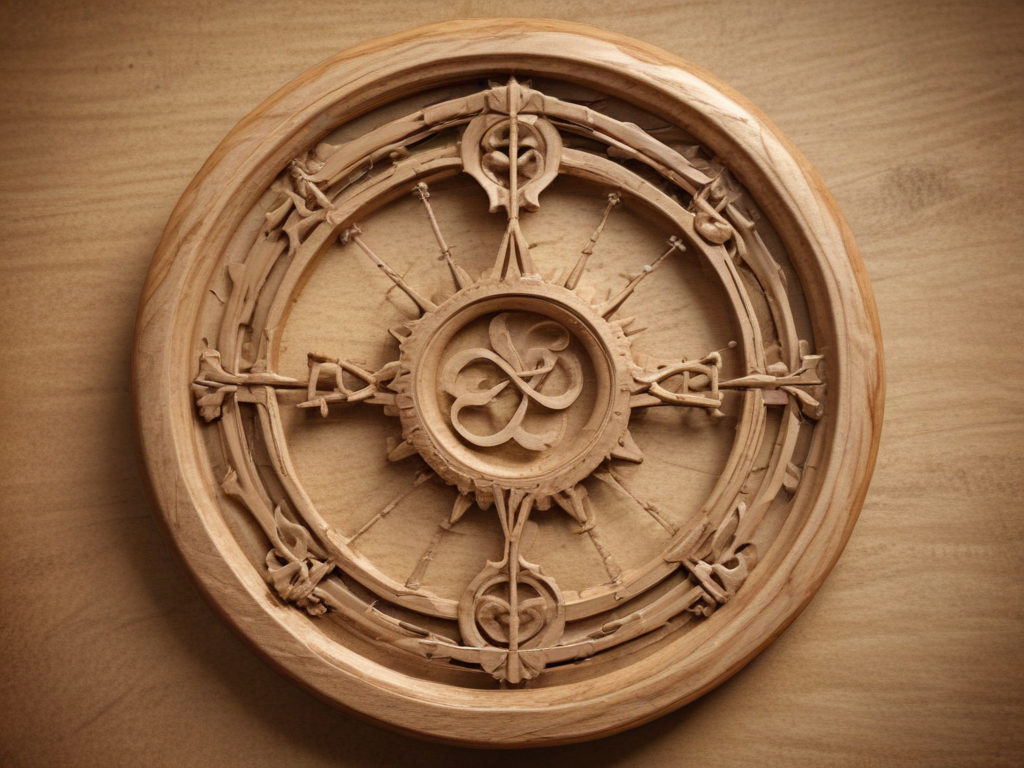 Intricate Wooden Carving of a Compass Rose with Detailed Design Elements