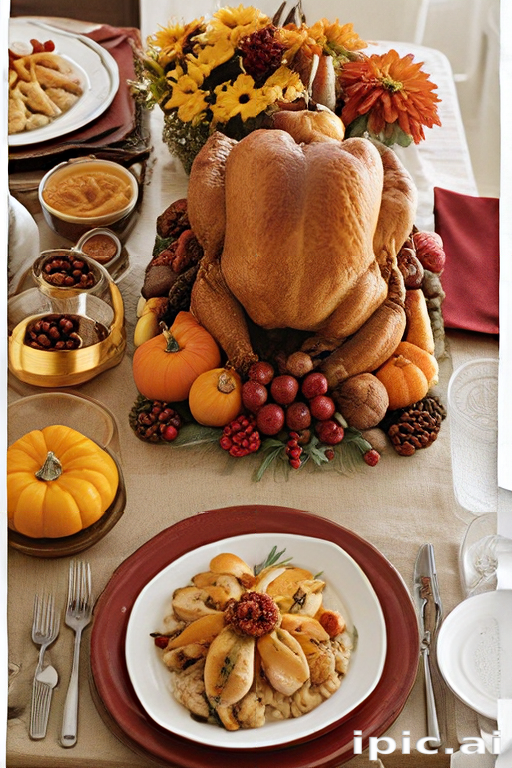 A Festive Thanksgiving Table Set with a Beautifully Cooked Turkey ...