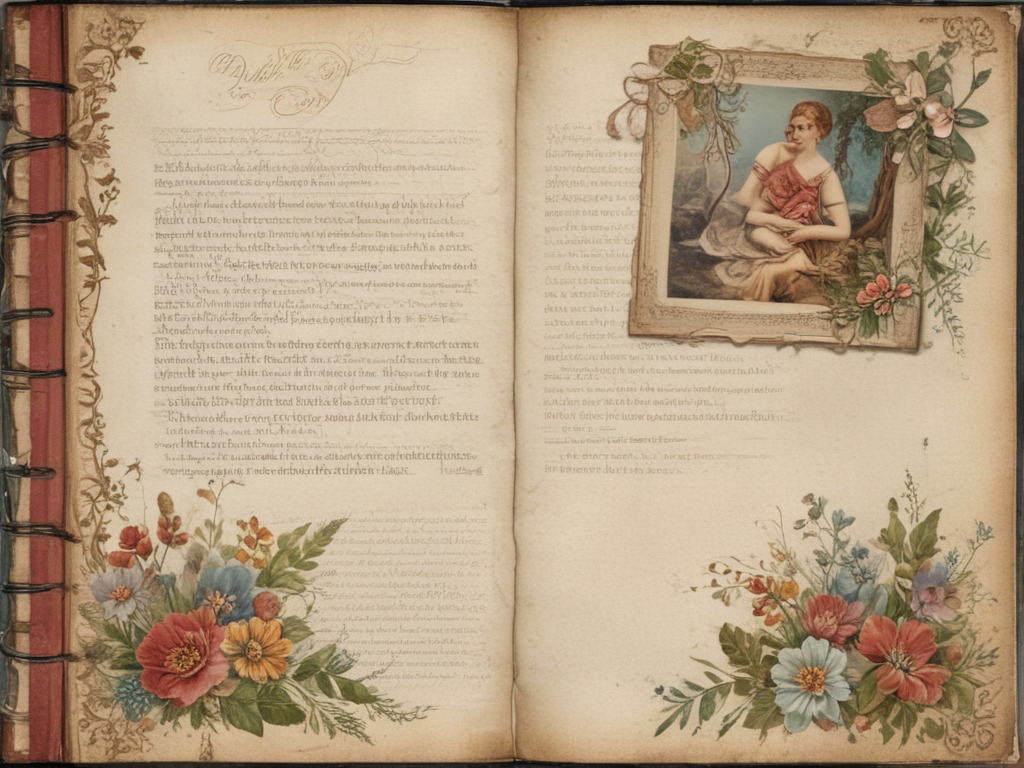 Elegant Vintage Journal Pages Featuring Floral Designs and a Lady Portrait