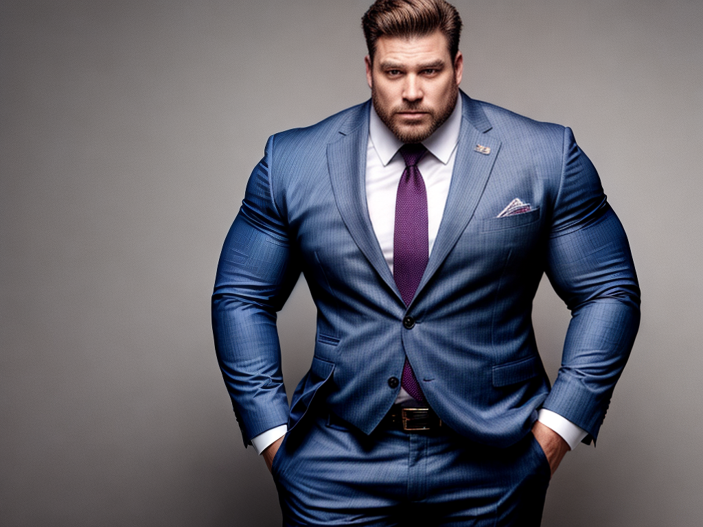 big muscular man, with formal suit navy blue pants with brown belt ...