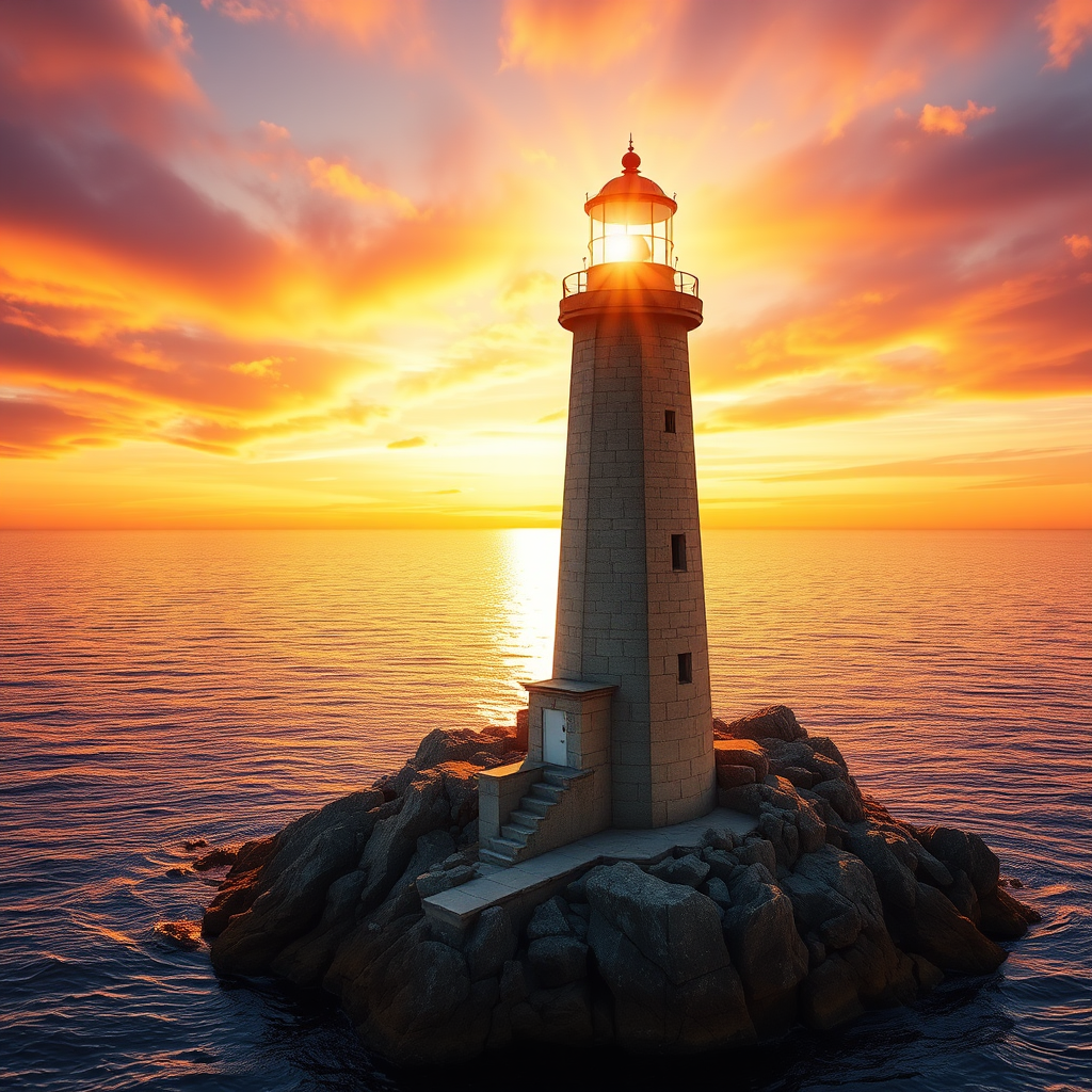 Majestic Lighthouse Standing Tall Against a Vibrant Sunset Over the Ocean