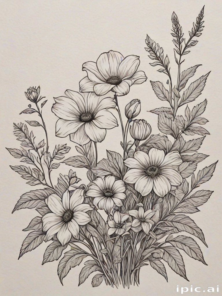 Intricate Line Art of a Beautiful Bouquet of Various Flowers