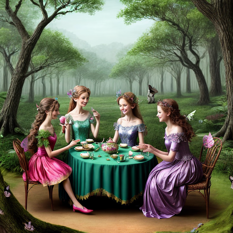 women Fairies having a tea party in enchanted woods with forest animals ...