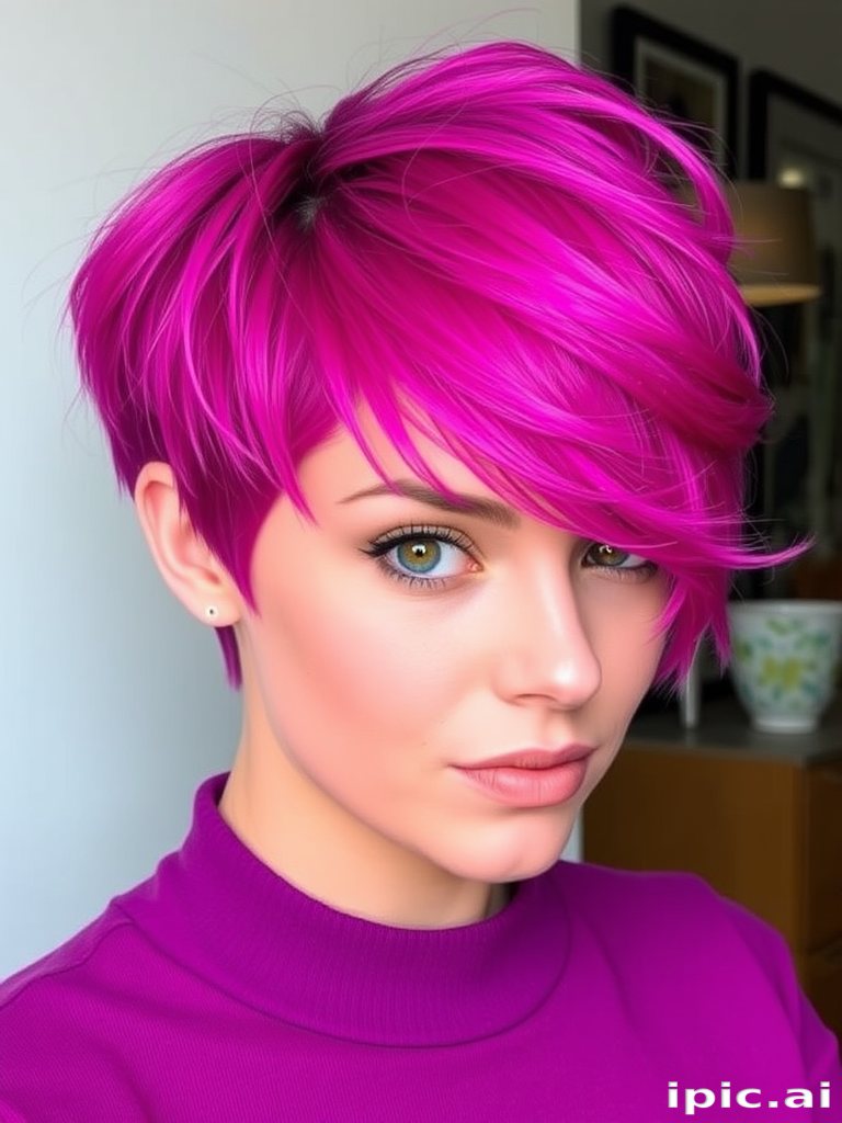 Vibrant Pink Short Hairstyle with Elegant Layers and Stunning Makeup