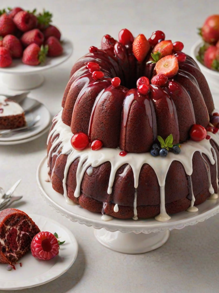 Decadent Chocolate Bundt Cake Topped with Fresh Berries and Creamy Glaze
