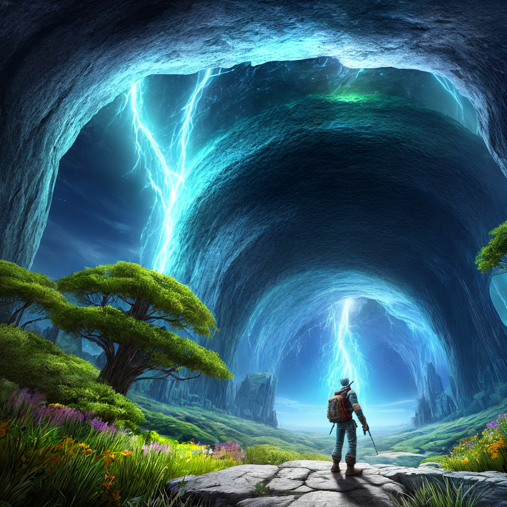 an adventurer in front of a magic portal cartoon look fantasy setting