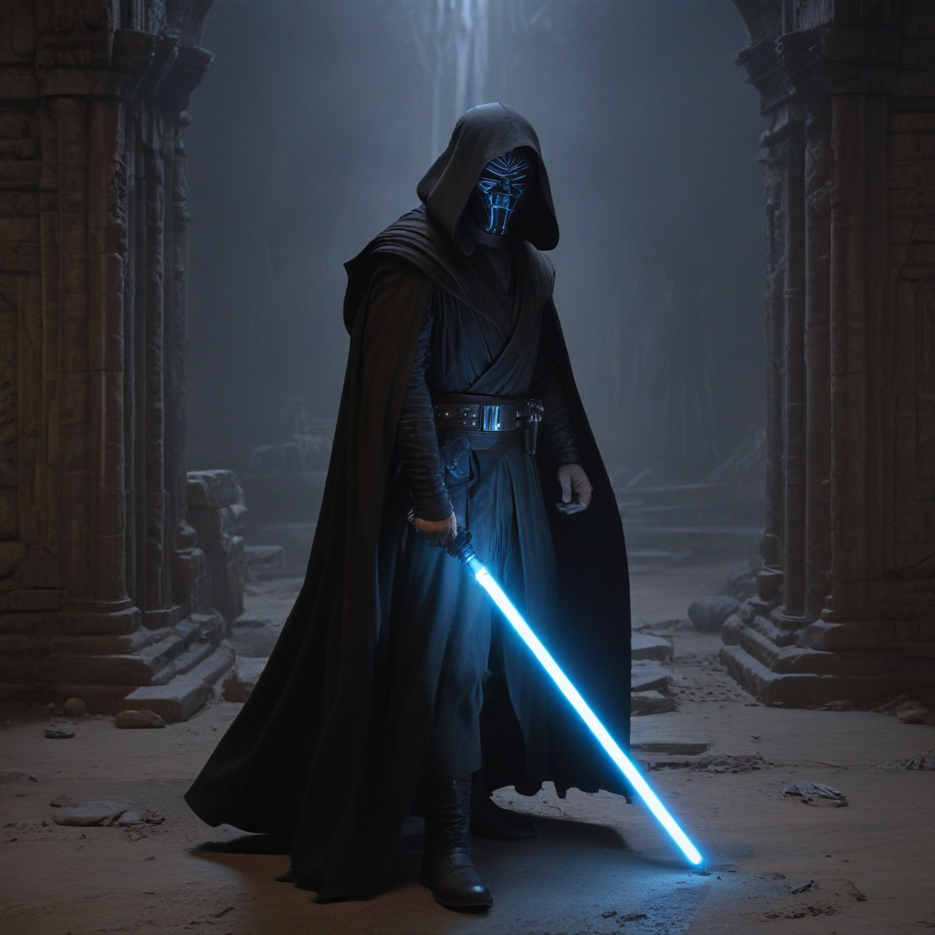 dark jedi with one blue lightsaber enter sith ruins, night