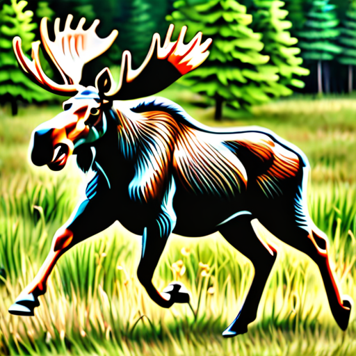 a realistic cartoon of a moose running the wild