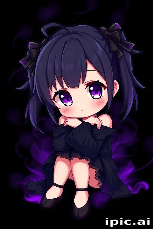 Adorable Chibi Character in Dark Outfit with Bows and Purple Eyes