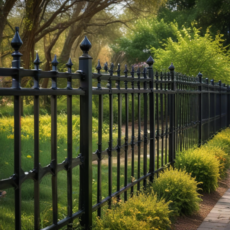 Beautifully Designed Black Iron Fence Surrounded by Lush Greenery and Trees