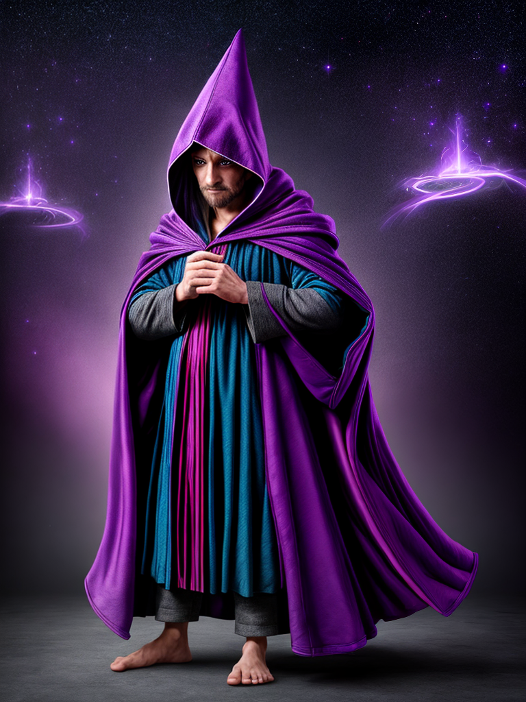 Wizard with hood up and has purple robe on and has a dark face