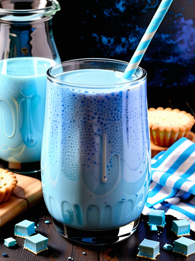 Refreshing Blue Milk in a Stylish Glass with a Striped Straw and Cookies.