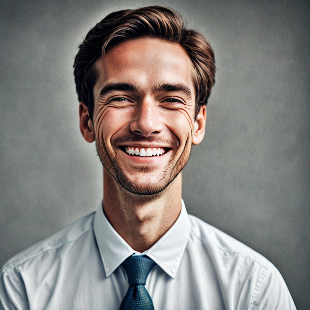 A person who's look seriously strong in his job and smile