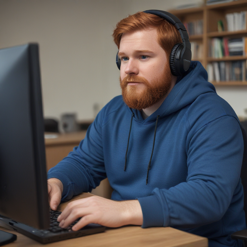 Fat ginger haired man with a full beard in a blue hoodie with ...