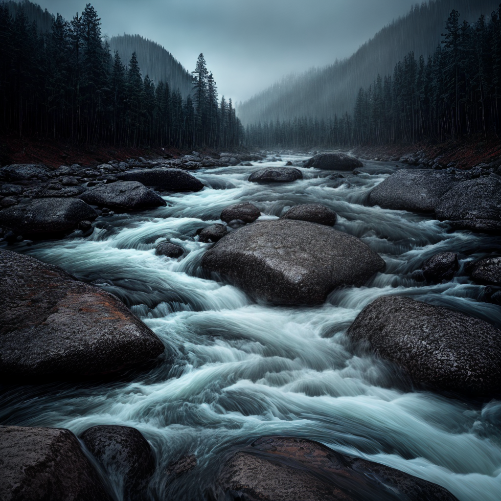 amazing, dark, high resolution picture of a river, with heavy rain