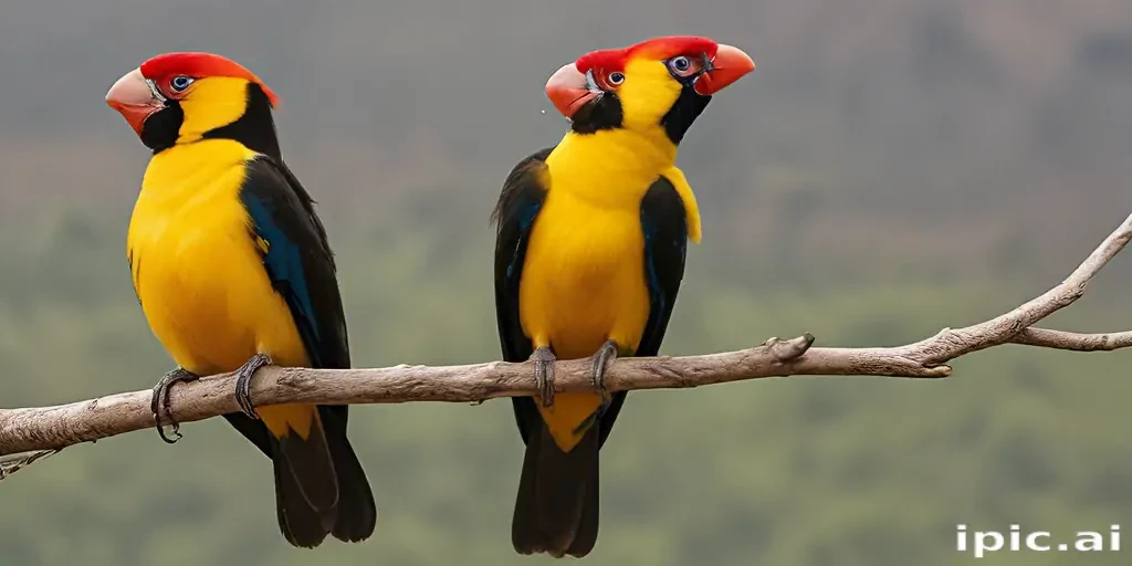 Two Colorful Parrots Perched Together on a Branch Against Nature