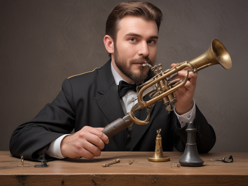 A welding man with an Asbach in his hand and a trumpet on the table