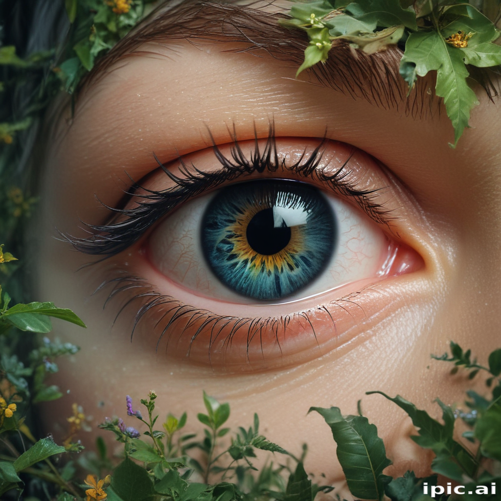 Close-Up of a Captivating Eye Surrounded by Lush Greenery and Nature