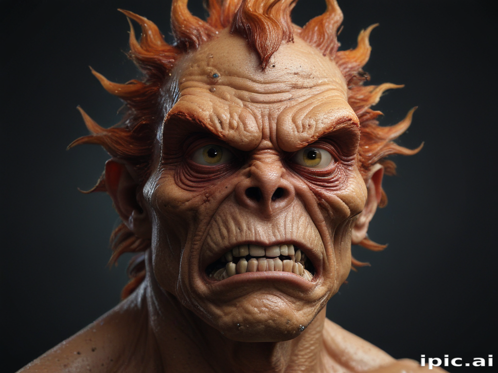 Intense Close-Up of a Fierce Character with Fiery Hair and Expression