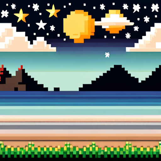 A pixel art landscape, with a sea, a moon by the sea and stars.