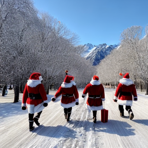 santa with elves and reindeer exercising in north pole