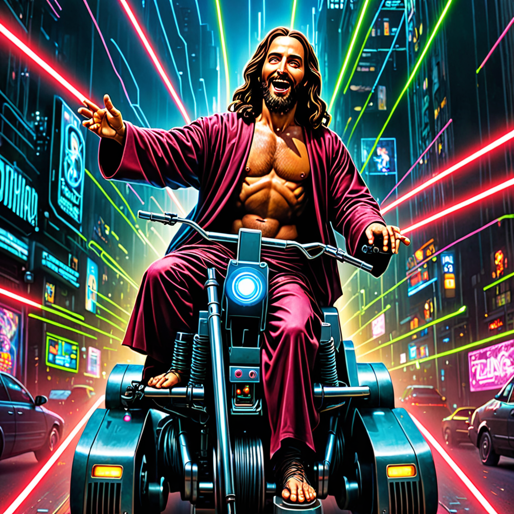 Hyper realistic photo photo of a crazy evil happy jesus riding a ...