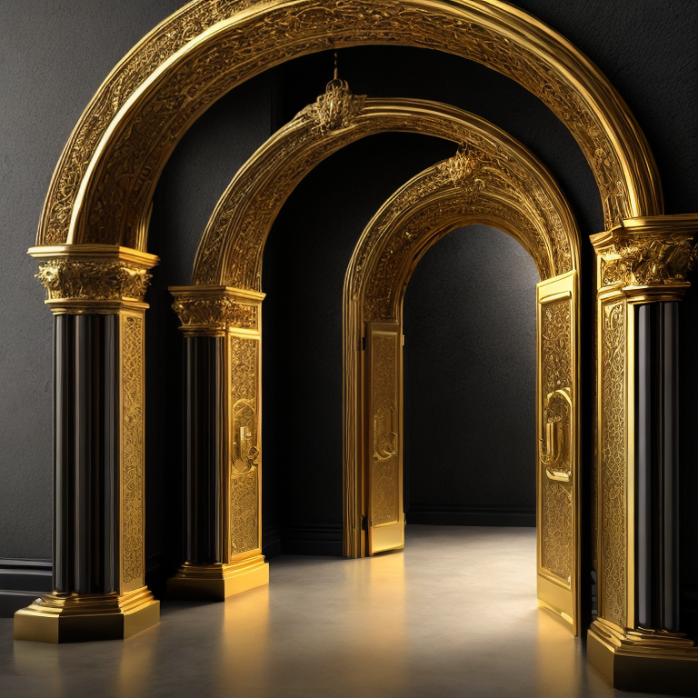 Mystical dungeon, elaborate gold doors, engraved dragons, red handles
