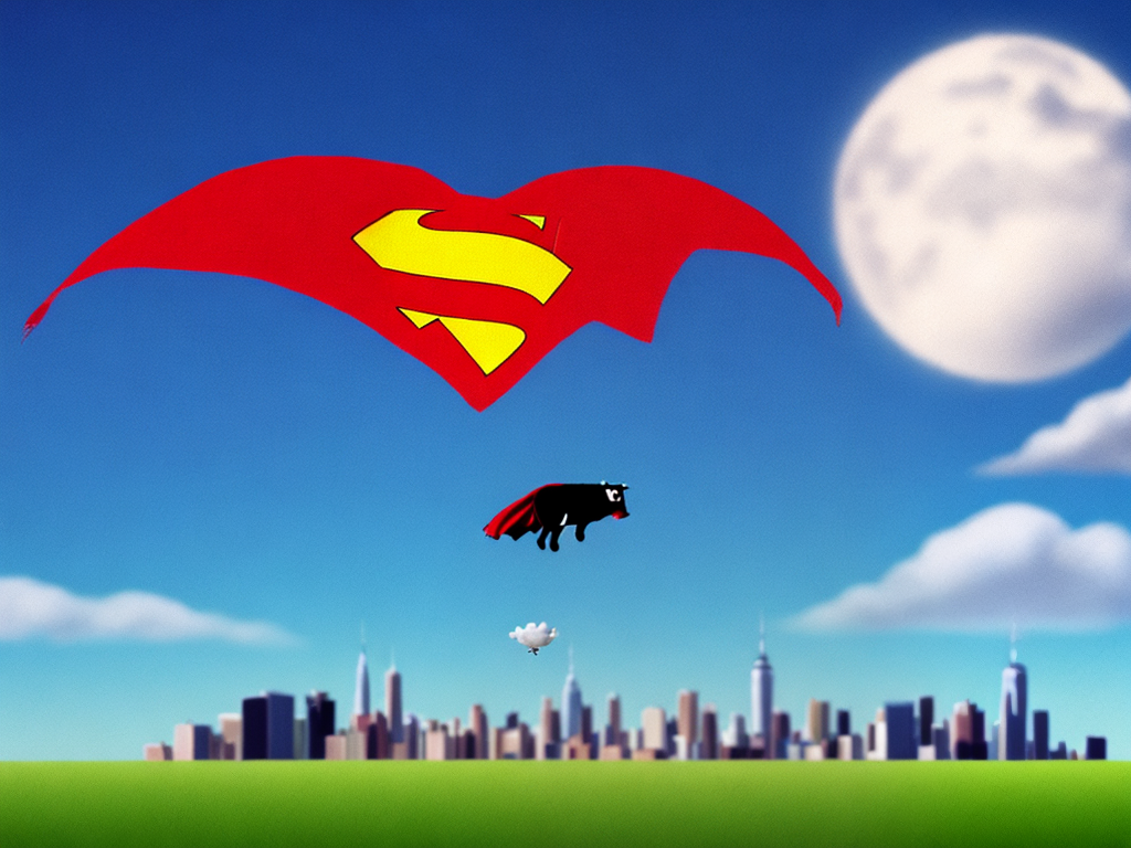 Cow with the cape of Superman flying in the sky of New York