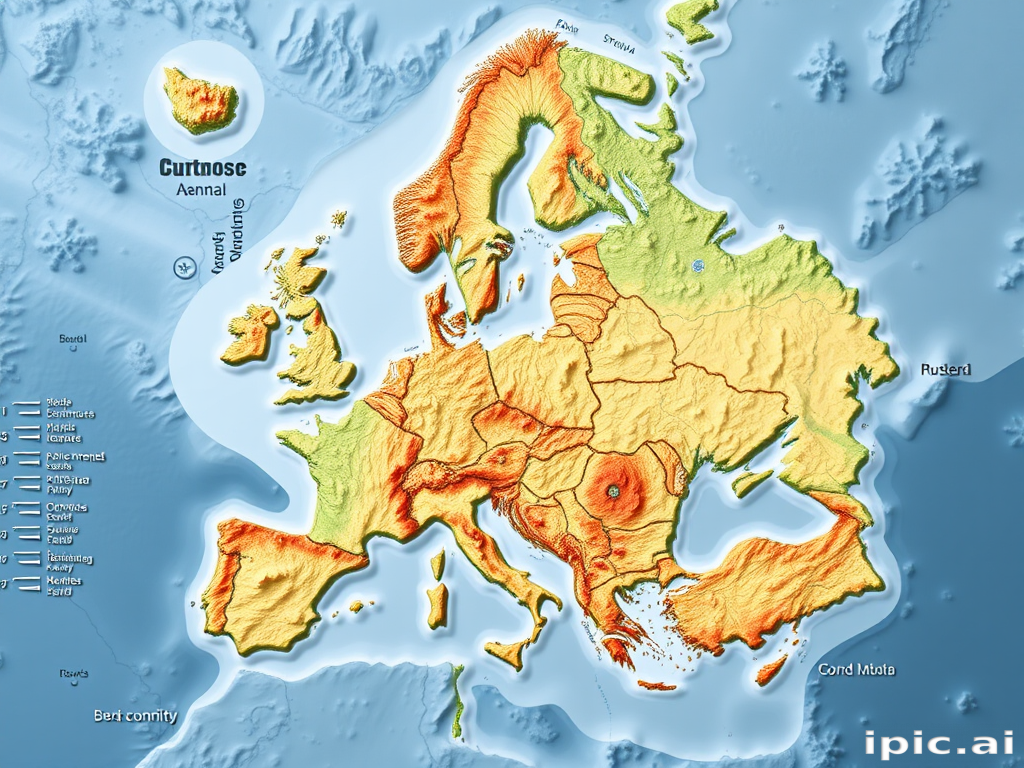 Detailed Topographic Map of Europe Highlighting Elevations and Landforms