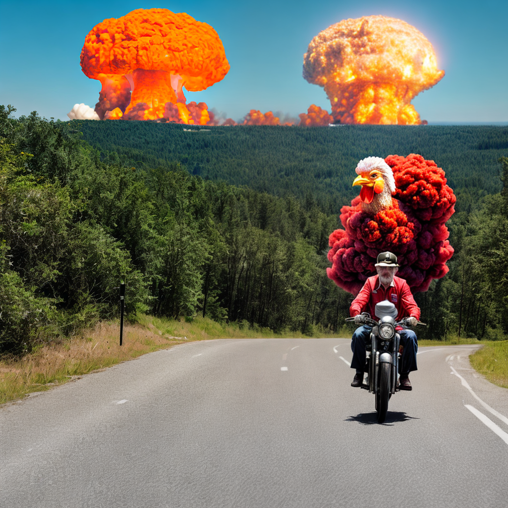KFC colonel riding a chicken with a nuclear explosion in the background