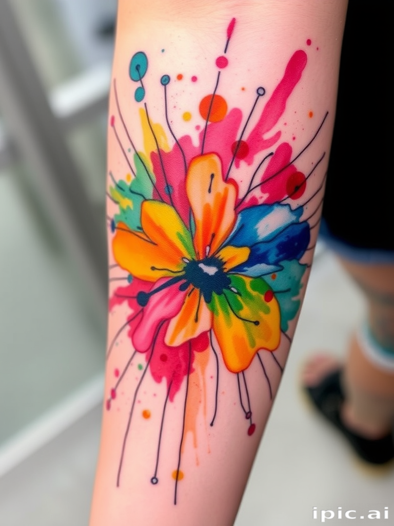 Vibrant Watercolor Flower Tattoo with Splashes of Color on Skin